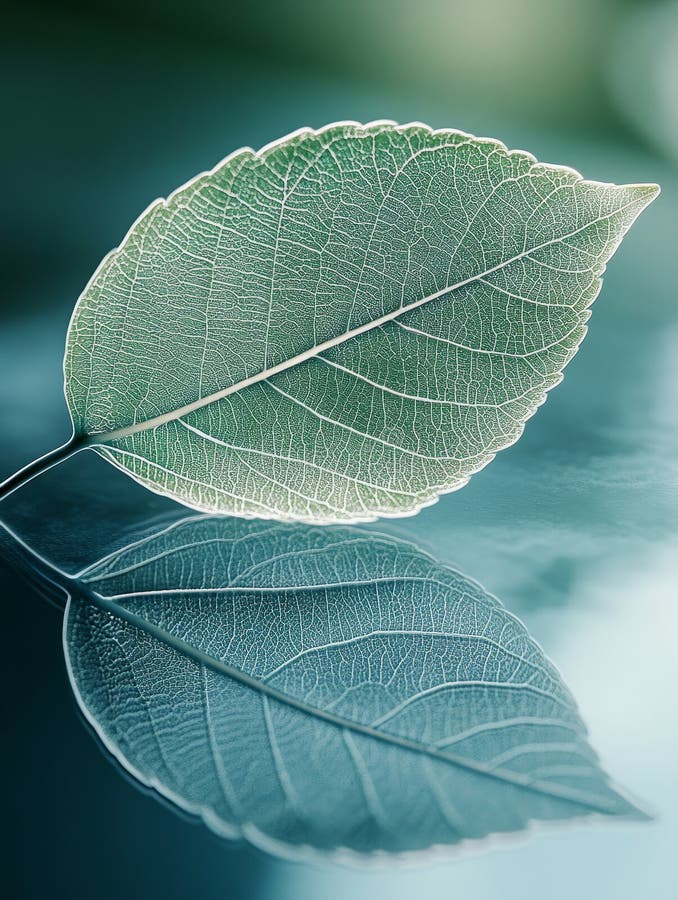 Green Leaf with Reflection on Smooth Surface, Calm Nature Theme. Stock ...