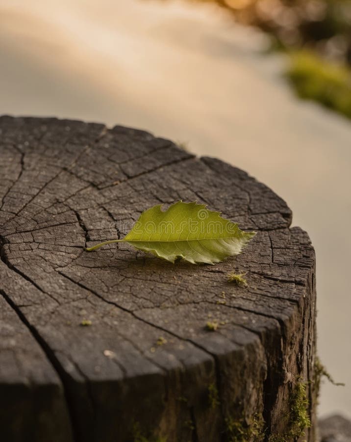 Green Leaf Resting on a Tree Stump in Sunlight Stock Image - Image of ...