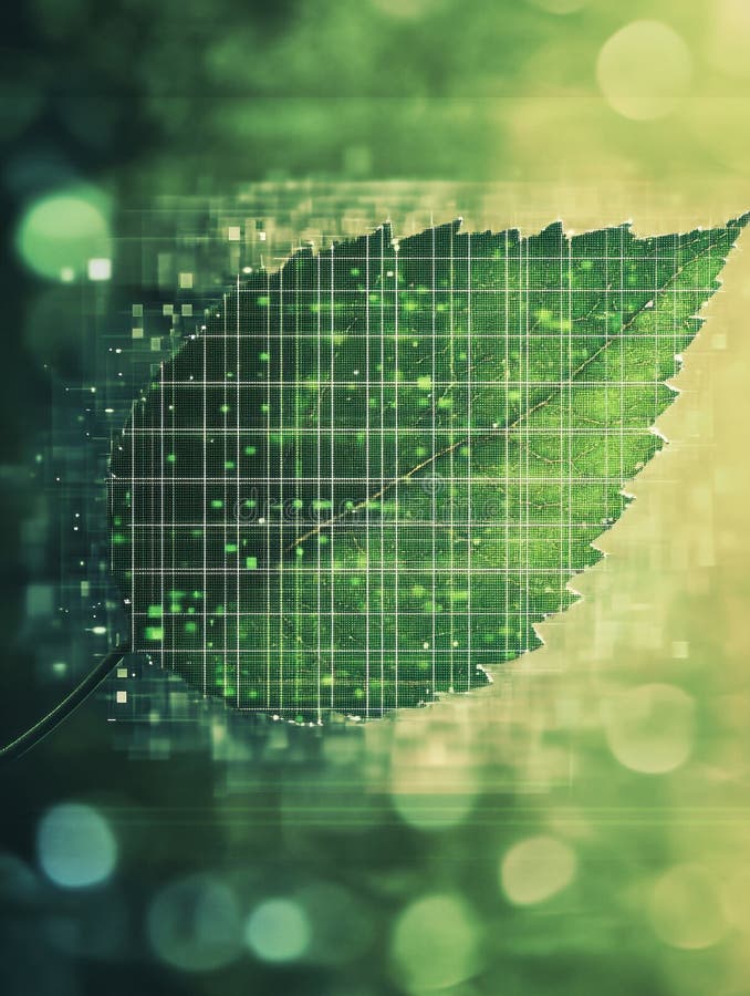 Green Leaf Transitions into Digital Pixels Representing the Fusion of ...