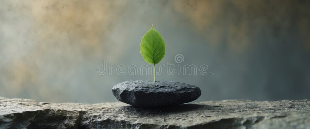 Green Leaf Sprouting from Dark Stone in a Mottled Rock Surface with ...