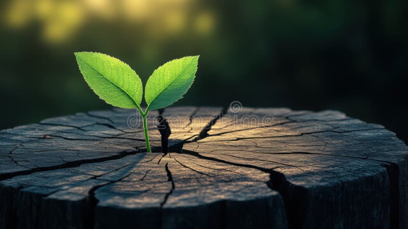 Green Leaf Sprouts from a Dark Tree Stump, Symbolizing the Renewal of ...