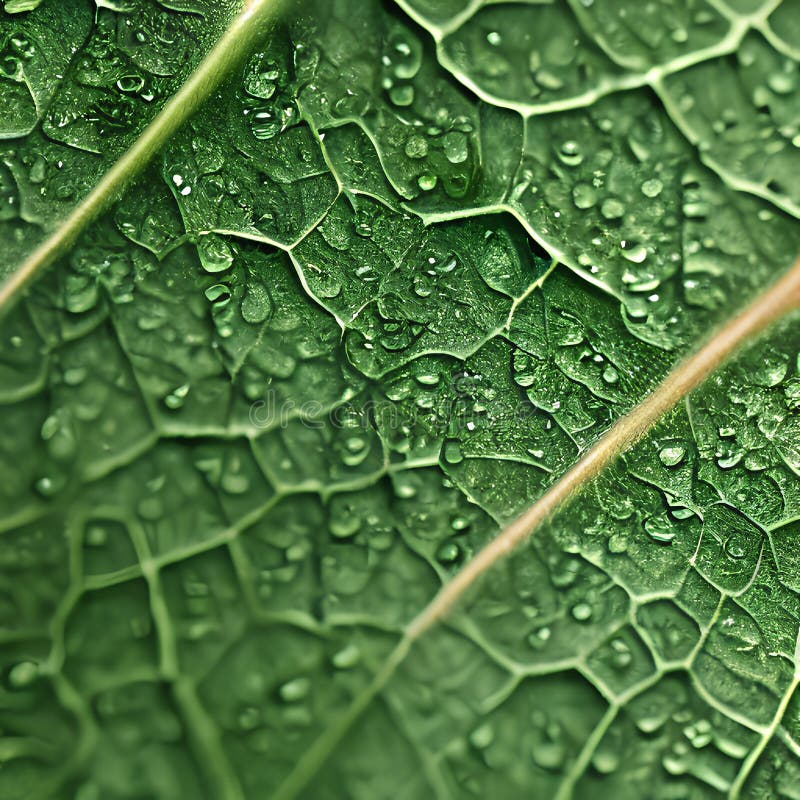 A Green Leaf Texture with Water Drops in a Macro View Stock ...