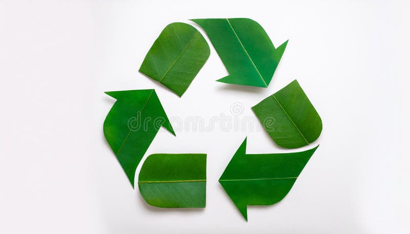 Green Leaf Textured Recycling Sign on White Background. Top View Stock ...