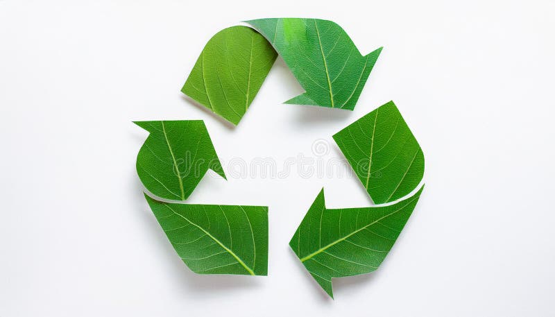 Green Leaf Textured Recycling Sign on White Background. Top View Stock ...