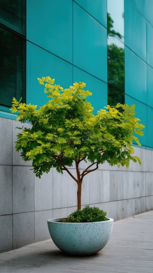 Green Leafed Tree in Turquoise Planter Contrasted Against Modern ...