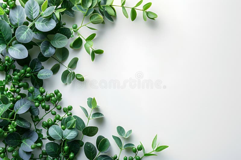 Green Leafy Branches and Berries on White Background, Natural Border ...