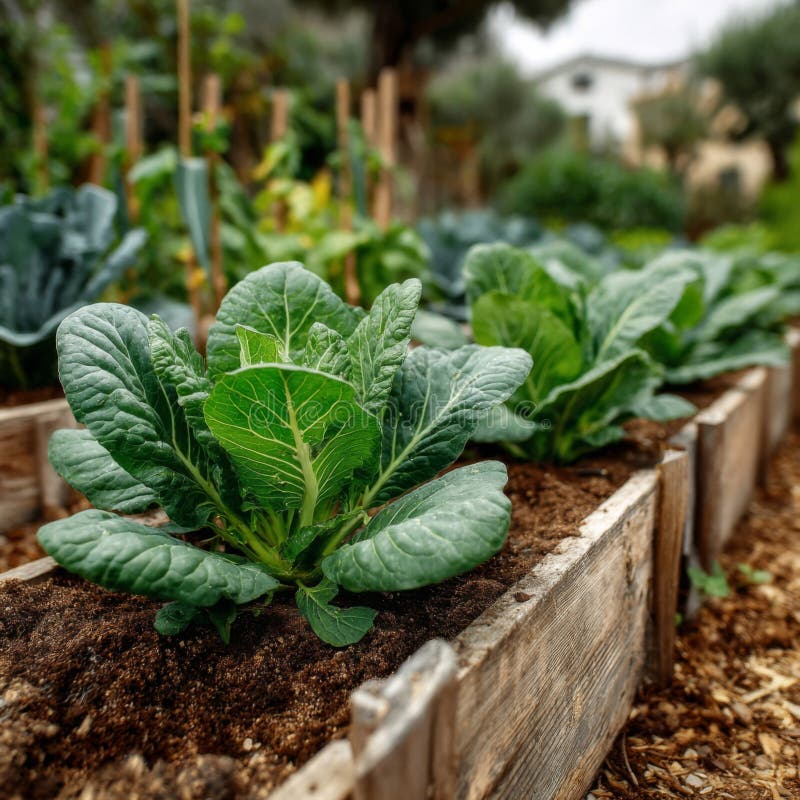 Green Leafy Vegetables Growing in Rustic Wooden Garden Boxes Stock ...