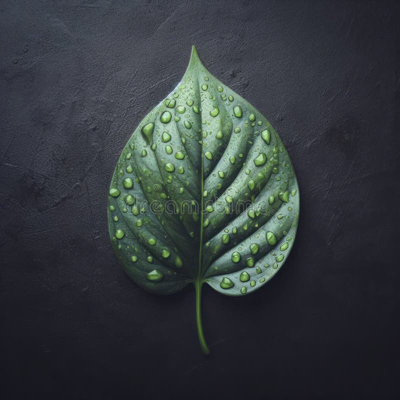 Green Leave with Water Drops on Solid Black Textured Scratch Background ...