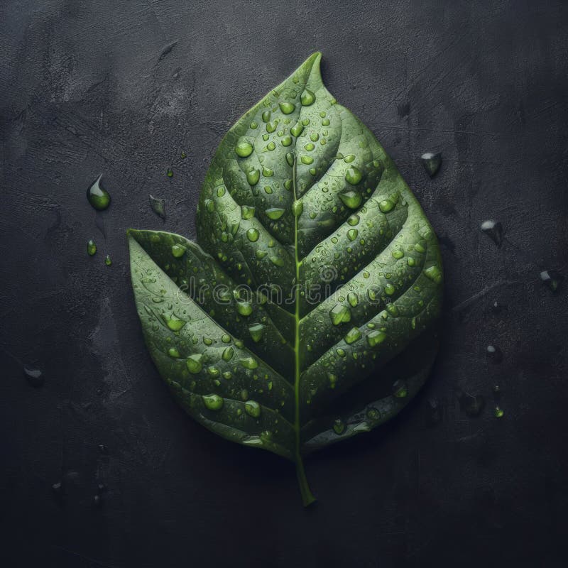 Green Leave with Water Drops on Solid Black Textured Scratch Background ...