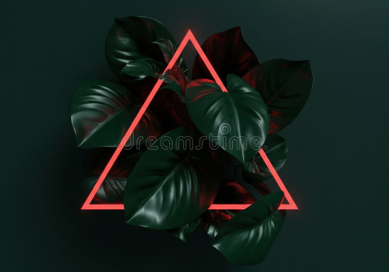 Green Leaves Arranged within a Glowing Red Triangle on a Dark ...