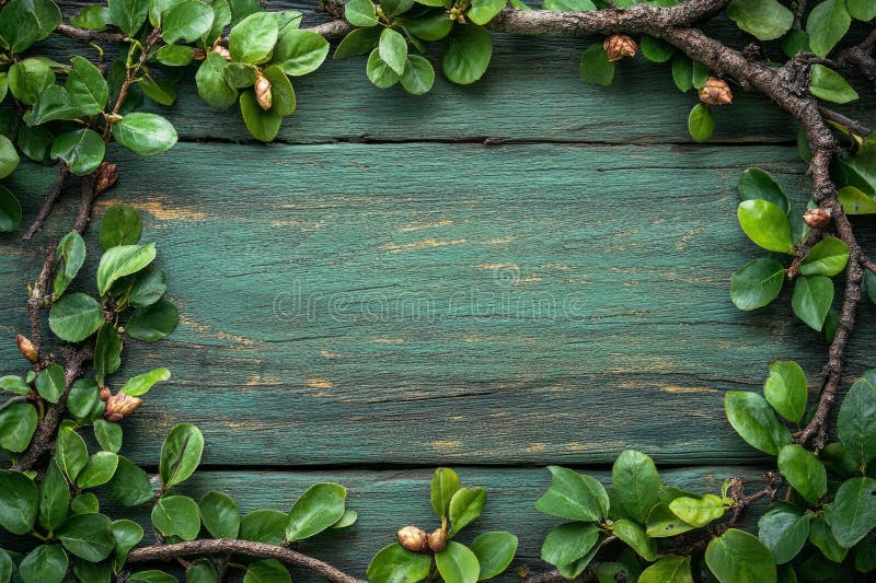 Green Leaves Branches Forming Border on Rustic Green Wood Background ...