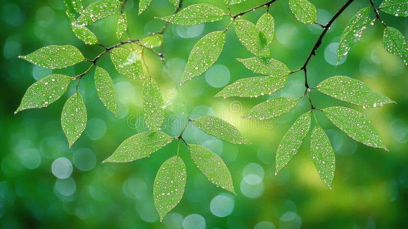 Green Leaves Covered with Drops Reflect Green Light with Abstract Stock ...