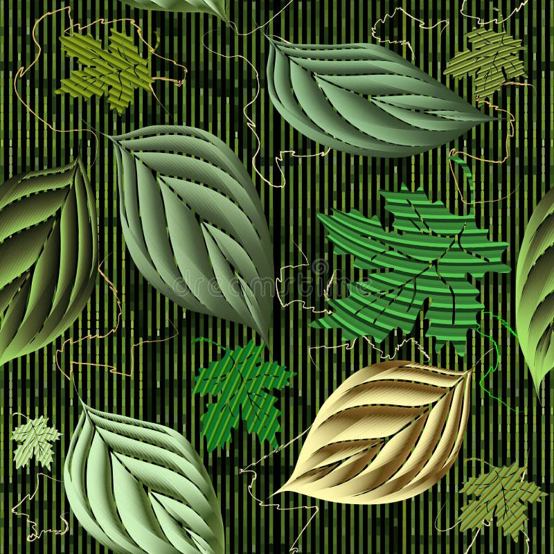 Green Leaves 3d Seamless Pattern. Textured Falling Leaves Vector ...