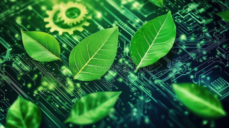 Green Leaves on Digital Circuit Background, Nature Technology Blend ...