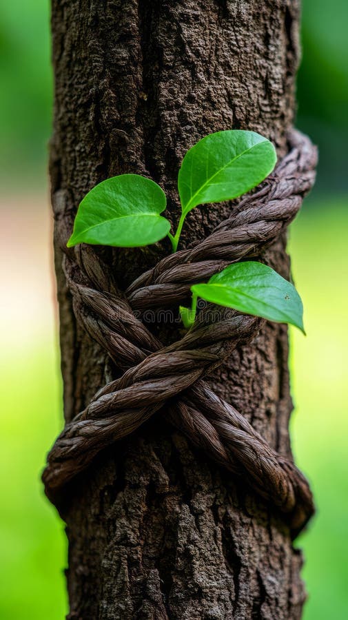 Green Leaves Emerging from Twisted Vines on a Tree Trunk in a Lush ...