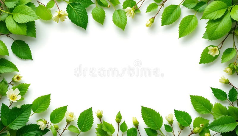 Green Leaves and Flowers Border on White Background Creating Frame ...