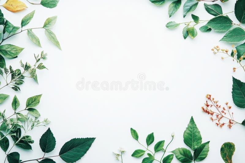 Green Leaves and Flowers Border on White Background Stock Illustration ...