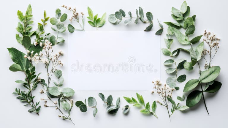 Green Leaves and Flowers Frame on White Background Stock Illustration ...