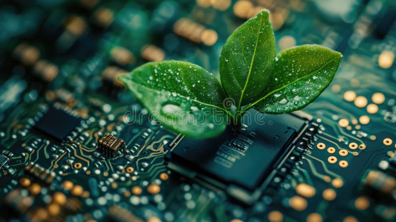 Green Leaves Growing on Electronic Circuit Board Representing Eco ...