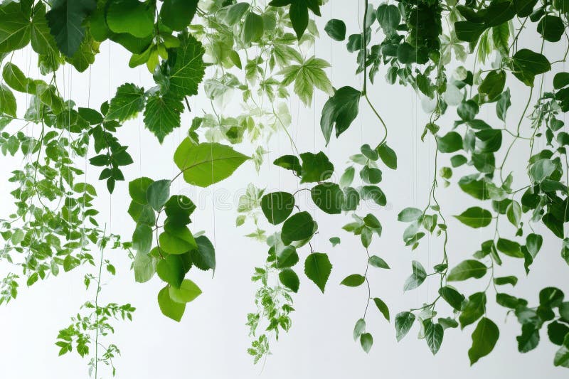 Green Leaves Hanging from Strings Against a White Background Stock ...