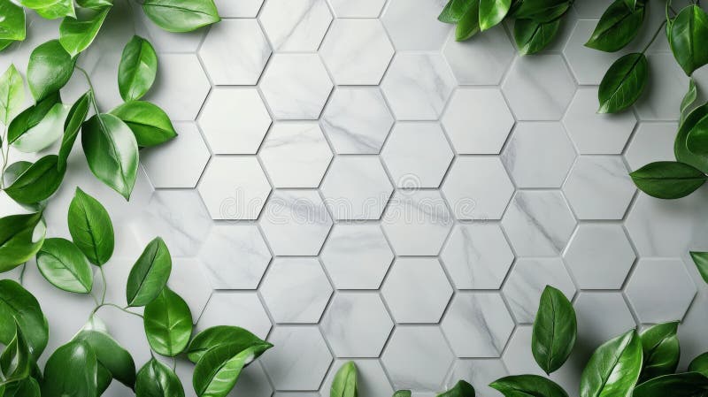 Green Leaves on Hexagonal Marble Tiles, Natural Design Concept Stock ...