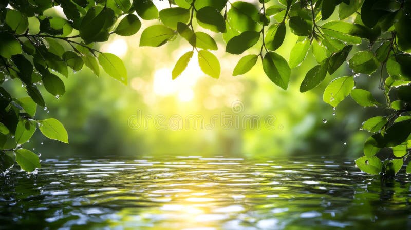 Green Leaves Over Calm Water Sunlight Scene Stock Illustration ...
