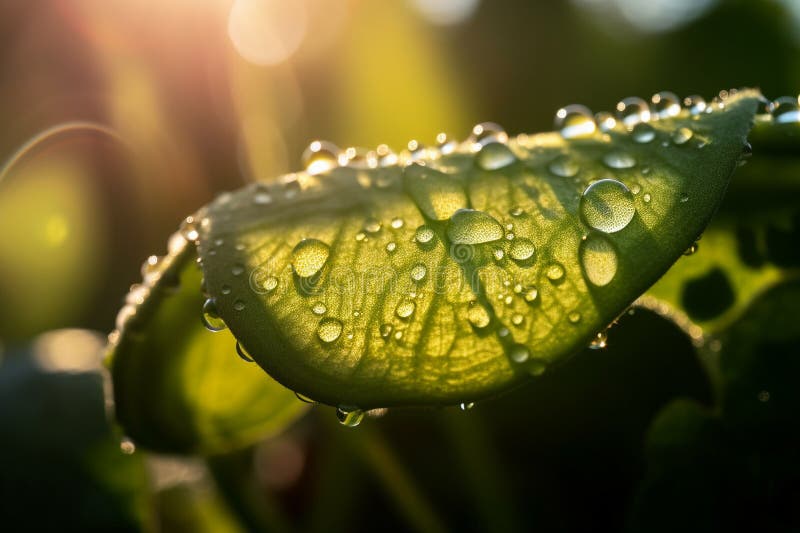 Green Leaves in the Rays of the Morning Rising Sun and Dew Drops. AI ...
