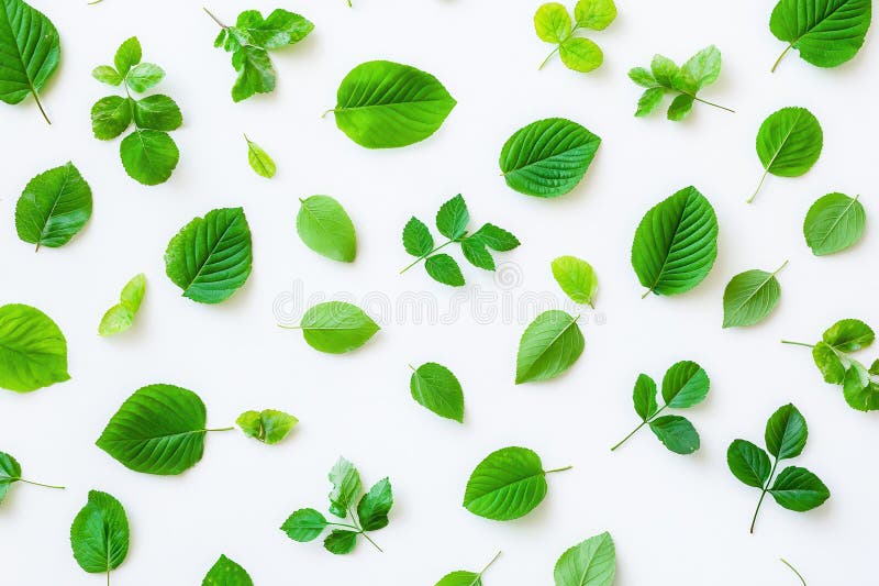 Green Leaves Scattered on a White Background Stock Illustration ...