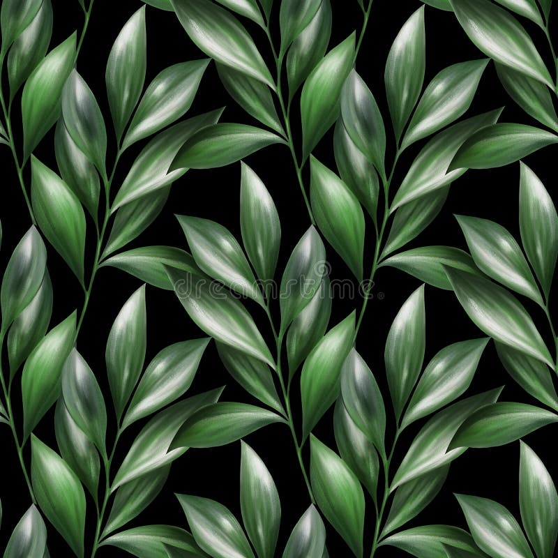 Green Leaves Seamless Pattern on Black Stock Illustration ...