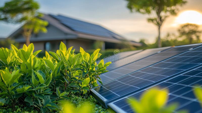 Green Leaves and Solar Panels in a Backyard Setting Stock Illustration ...