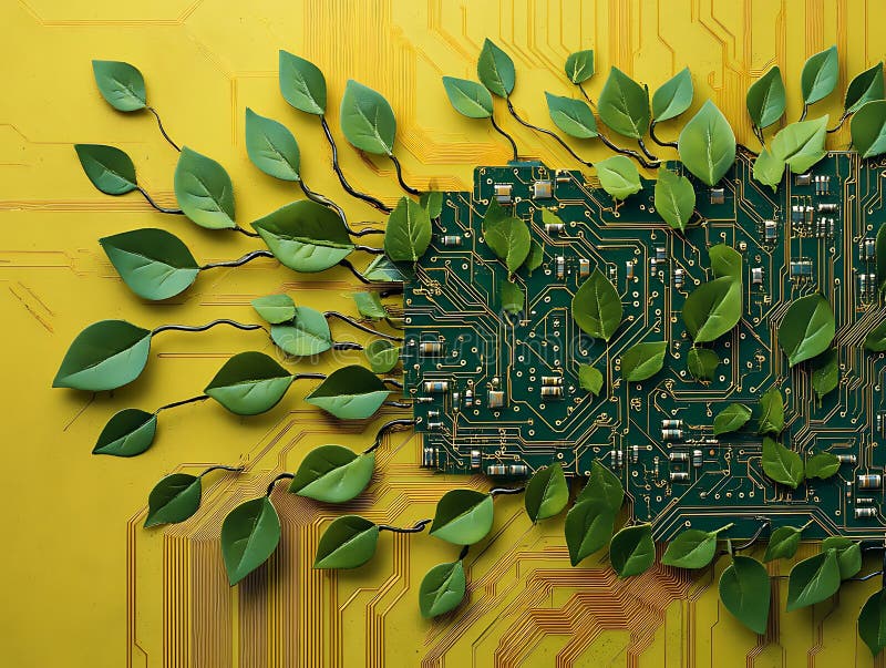 Green Leaves Sprout from Circuit Board, Symbolizing Eco-friendly ...