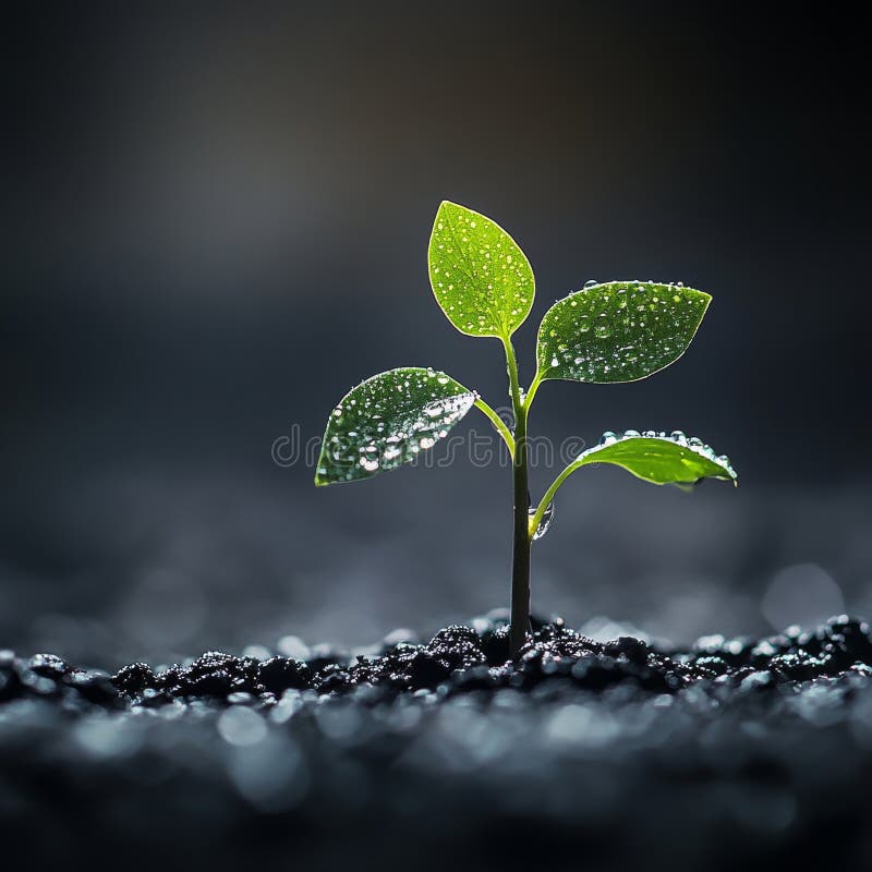 Green Leaves of a Sprout are Covered in Water Drops As it Grows Out of ...