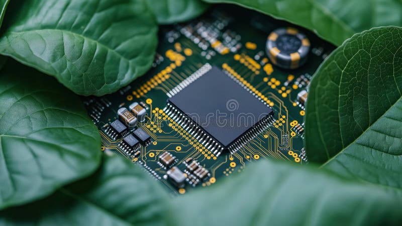 Green Leaves Surround Tech Components. Eco Friendly Tech. Circuit Board ...