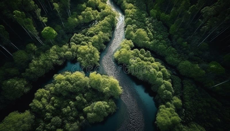 Green Leaves on Trees, Tranquil Water Flowing in Ravine Generated by AI ...