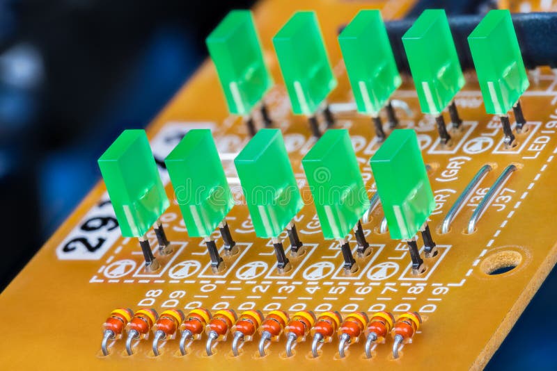 Green LED and Orange Semiconductor Diodes at PCB Detail on Dark Blur ...