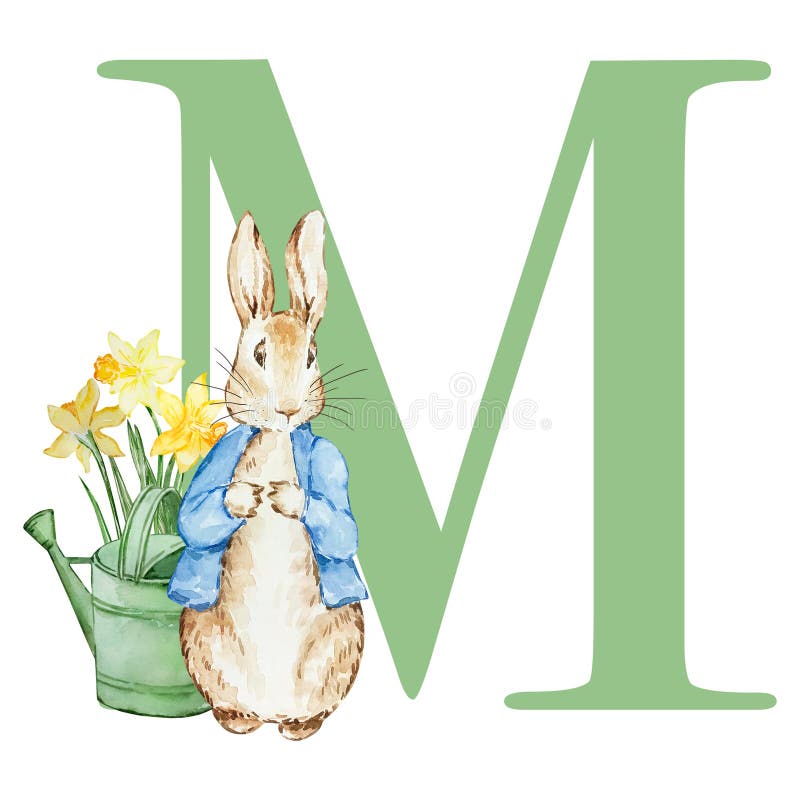 Green Letter M with Watercolor Rabbit Stock Illustration - Illustration ...