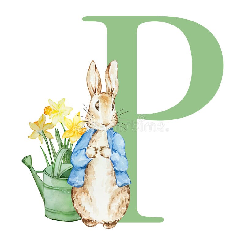 Green Letter P with Watercolor Rabbit Stock Illustration - Illustration ...