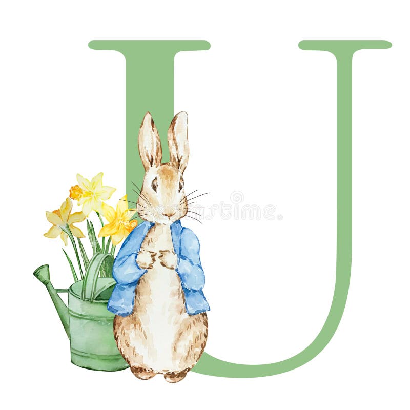 Green Letter U with Watercolor Rabbit Stock Illustration - Illustration ...