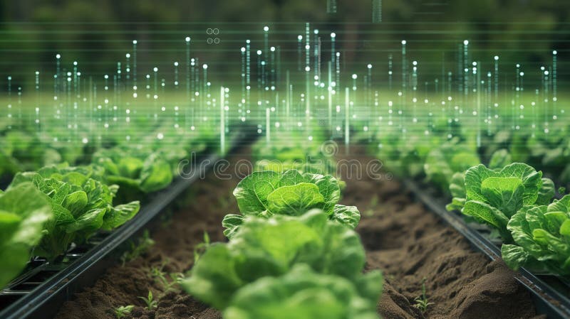 Green Lettuce Crops with Data Visualization Overlay, Precision Farming ...