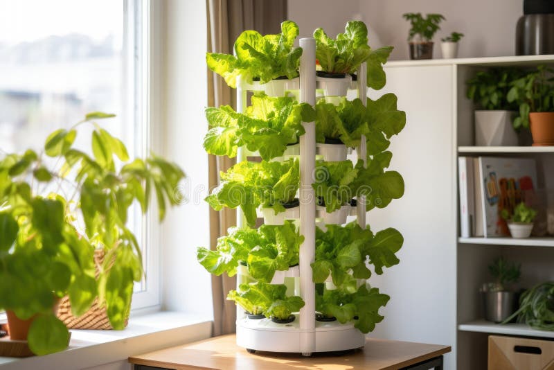 Green Lettuce Growing in Vertical Hydroponic Tower System. Home ...