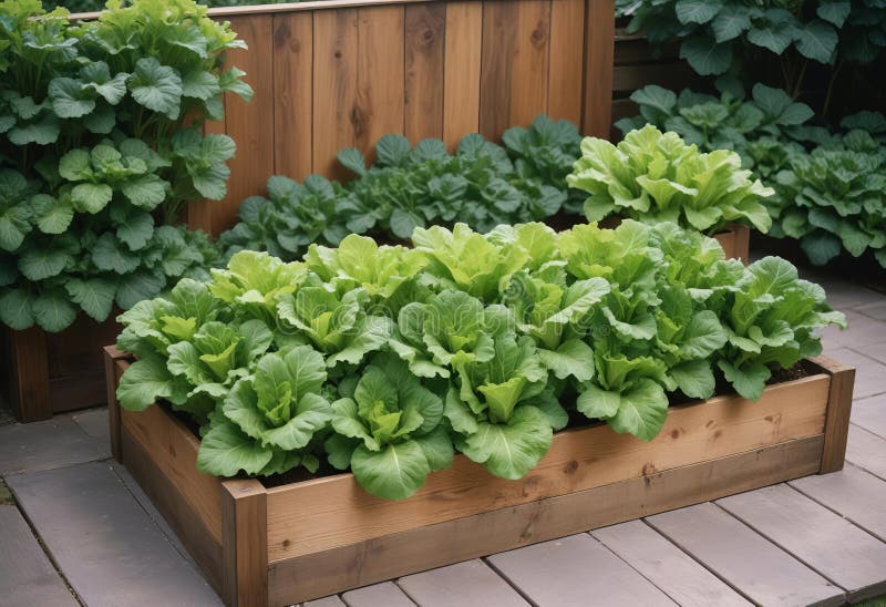 Green Lettuce Plants Growing in a Wooden Planter Box Stock Illustration ...