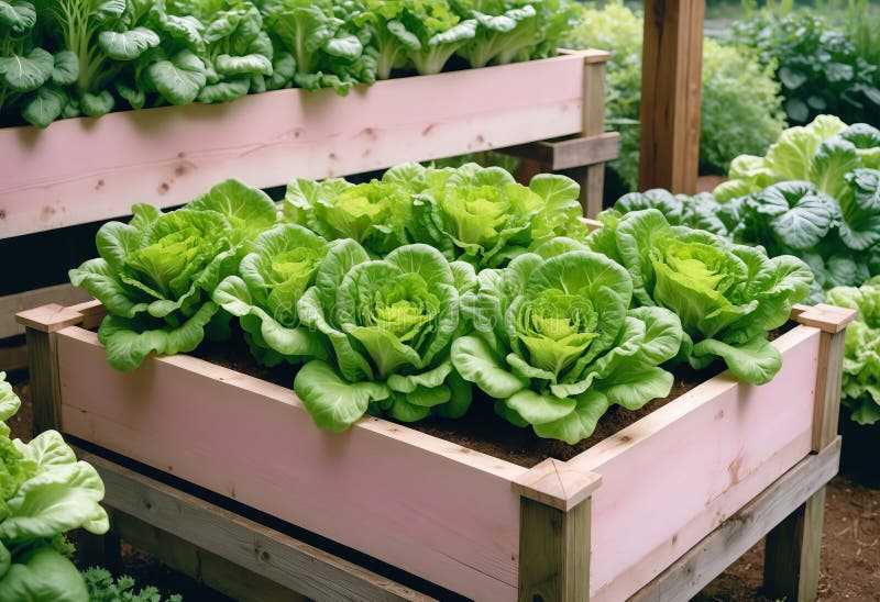 Green Lettuce Plants Growing in a Wooden Planter Box Stock Illustration ...