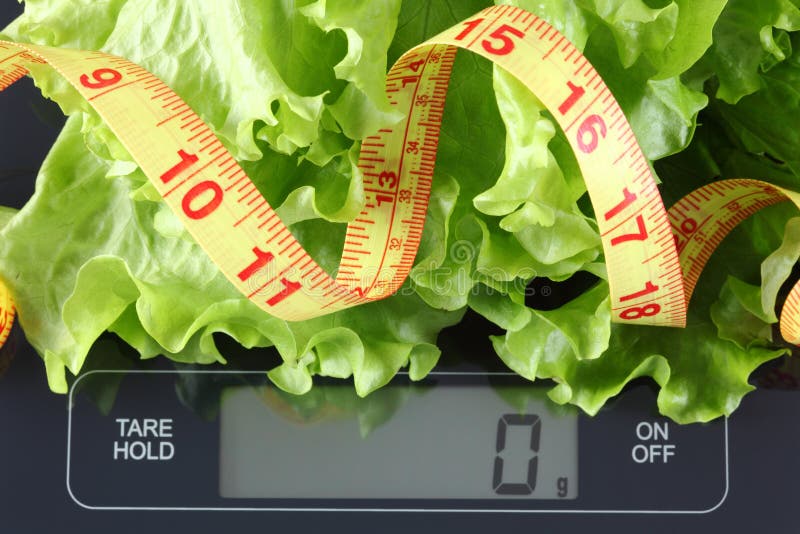 Green Lettuce and Tape Measure on Kitchen Scale Stock Photo - Image of ...