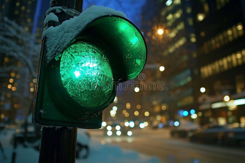 A Green Light Appears on a Traffic Light As Snow Falls in the Winter ...