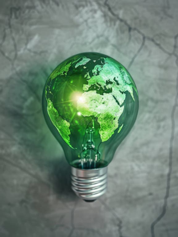 A Green Light Bulb with a Globe of the Earth on it. Concept of Hope and ...