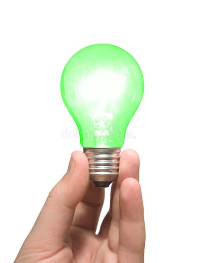 Green light bulb in hand stock photo. Image of invention - 1716830