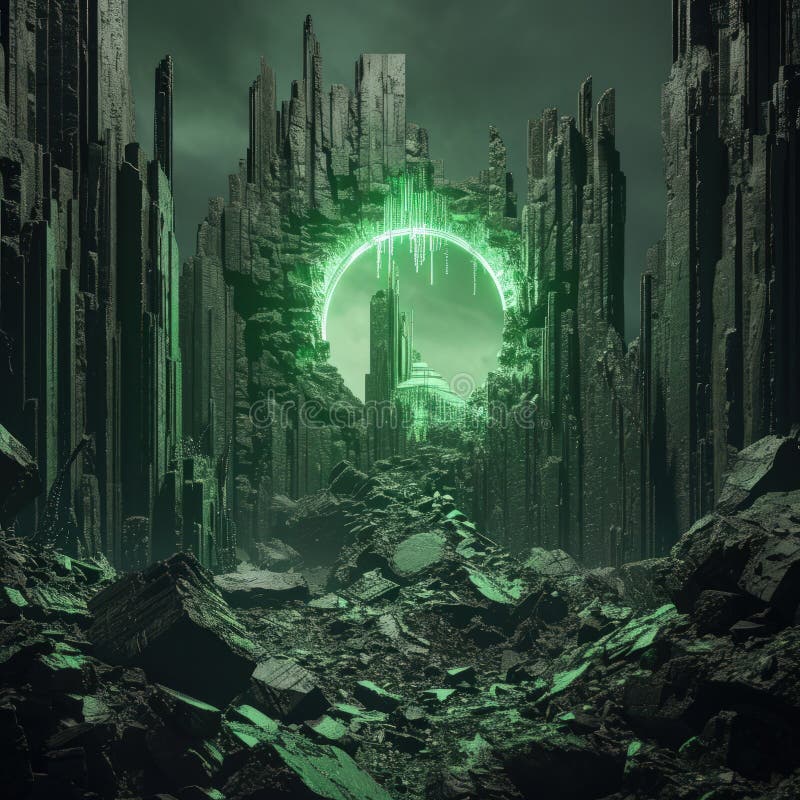 A Green Light Coming from a Stone Arch Stock Illustration ...