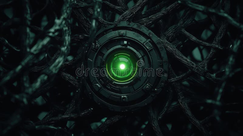 A Green Light is Embedded in a Dark, Intricate Network of Wires. Stock ...