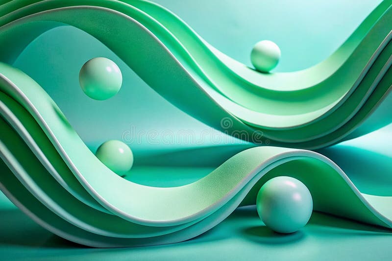 Llight Green Curved Shapes and Balls Simulating Wavy Movements. 3D ...