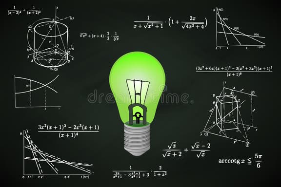Green Lightbulb on Blackboard with Math Calculations Stock Illustration ...